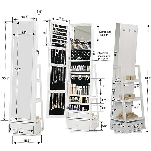 MASMIRE 360° Swivel Full Length Mirror Jewelry Cabinet Standing With Built-In Mirror - 63.7”H Jewelry Armoire With Mirror & 3 Drawers, Lockable Storage Mirror With 3 Storage Racks (Off-White)