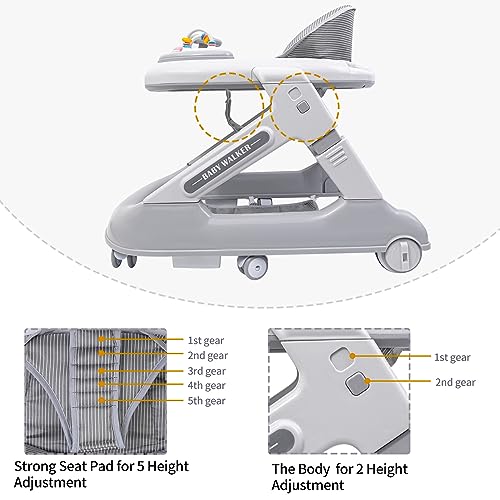 Baby Walker, 5-in-1 Infant Toddler Walker and Baby Activity Center with Block Table &Music Tray, Foldable Baby Walkers with Wheels &7-Gear Height Adjustable for Baby Boys &Baby Girls 6-24 Months