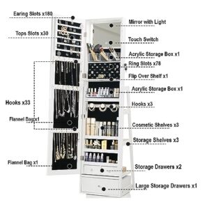 MASMIRE 360° Swivel Full Length Mirror Jewelry Cabinet Standing With Built-In Mirror - 63.7”H Jewelry Armoire With Mirror & 3 Drawers, Lockable Storage Mirror With 3 Storage Racks (Off-White)