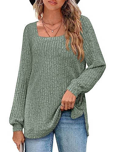 BZB Womens Tunic Tops to Wear with Leggings Oversized Puff Sleeve Winter Sweaters Green L