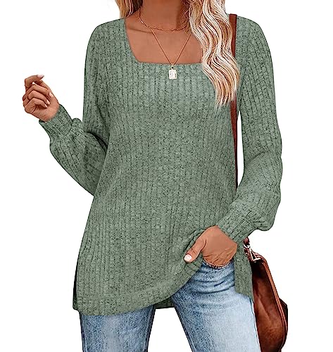 BZB Womens Tunic Tops to Wear with Leggings Oversized Puff Sleeve Winter Sweaters Green L