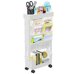 yfxcvsl 5 tier book rack storage bookshelf, mobile bookshelf with wheels, movable unique bookcase small rolling bookshelf, mobile book cart organizer bookshelves for office, dorm, classroom, white