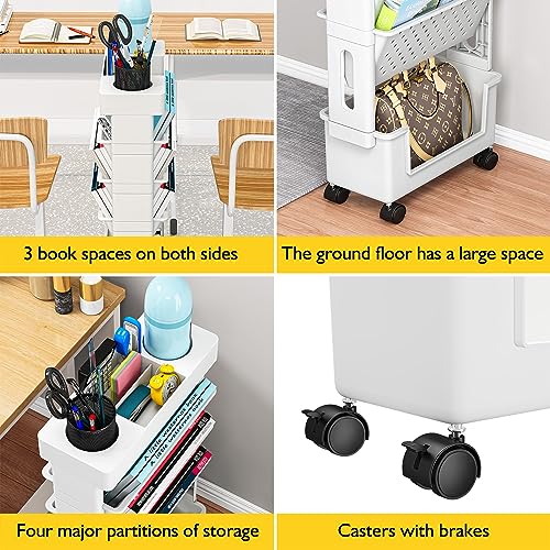 YFXCVSL 5 Tier Book Rack Storage Bookshelf, Mobile Bookshelf with Wheels, Movable Unique Bookcase Small Rolling Bookshelf, Mobile Book Cart Organizer Bookshelves for Office, Dorm, Classroom, White