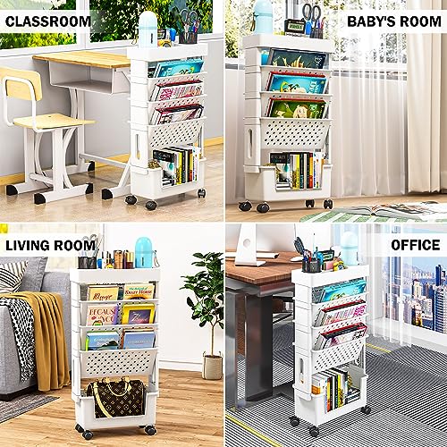 YFXCVSL 5 Tier Book Rack Storage Bookshelf, Mobile Bookshelf with Wheels, Movable Unique Bookcase Small Rolling Bookshelf, Mobile Book Cart Organizer Bookshelves for Office, Dorm, Classroom, White