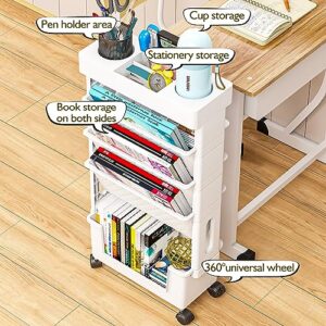 YFXCVSL 5 Tier Book Rack Storage Bookshelf, Mobile Bookshelf with Wheels, Movable Unique Bookcase Small Rolling Bookshelf, Mobile Book Cart Organizer Bookshelves for Office, Dorm, Classroom, White