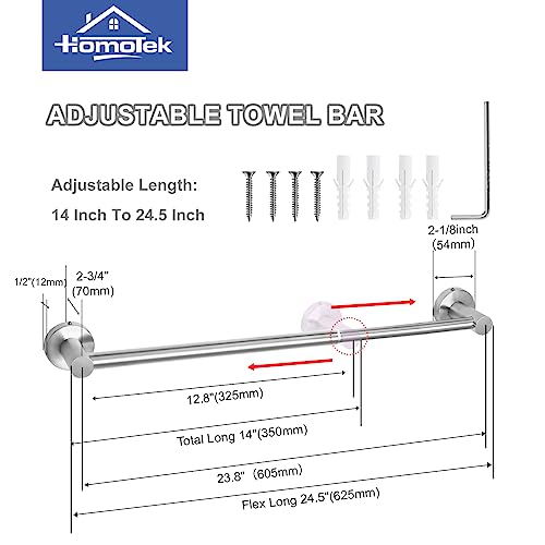 HOMOTEK Towel Bar Adjustable Bathroom Towel Holder, Towel Rod Size from 14 Inch to 24.5 Inch Single Towel Racks, Wall Mount Towel Rail, Towel Hanger Towel Hook for Bathroom, Kitchen(Brushed Nickel)