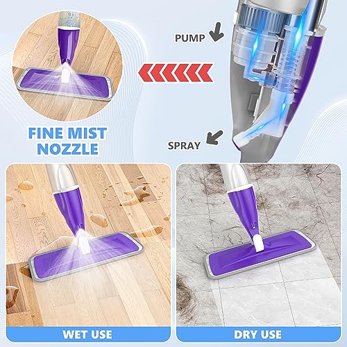 Spray Mops for Floor Cleaning Microfiber Floor Mop for Hardwood Floors Wet Dust Mop Flat Mop Floor Cleaner Mop with 4 Washable Pads 440 Ml Refillable Bottle for Wood Floor Tile Laminate Vinyl Kitchen