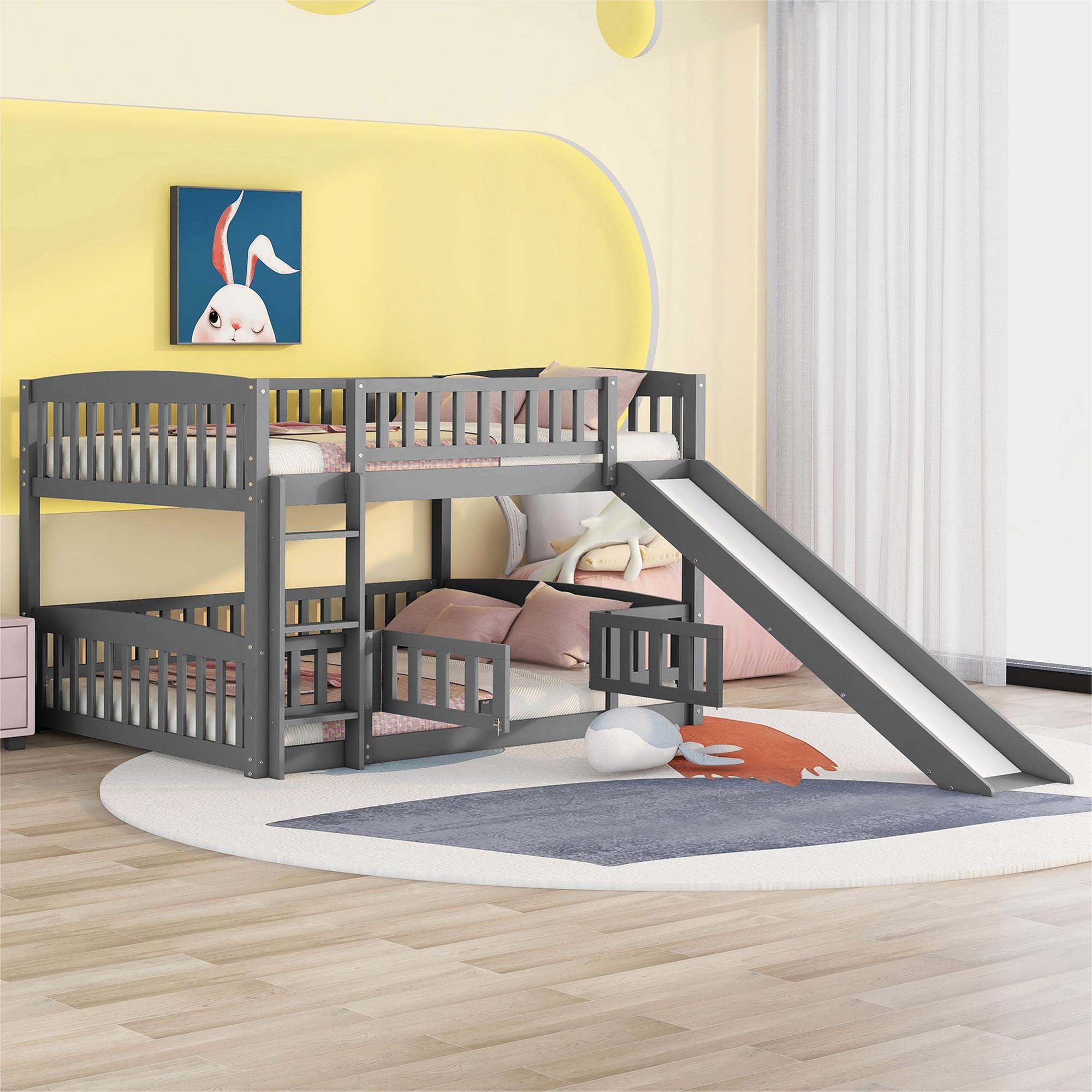 Lepfun Full Over Full Low Bunk Bed with Convertible Slide and Ladder for Kids, Bedroom, Wooden Bedframe w/Fence, Save Space, No Need Spring Box, Gray