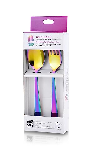 Ahimsa Stainless Steel Fork & Spoon | Toddler Dishware | No Plastic | 100% BPA Free | Dishwasher Safe (Rainbow)