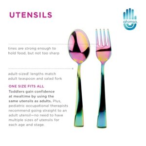 Ahimsa Stainless Steel Fork & Spoon | Toddler Dishware | No Plastic | 100% BPA Free | Dishwasher Safe (Rainbow)