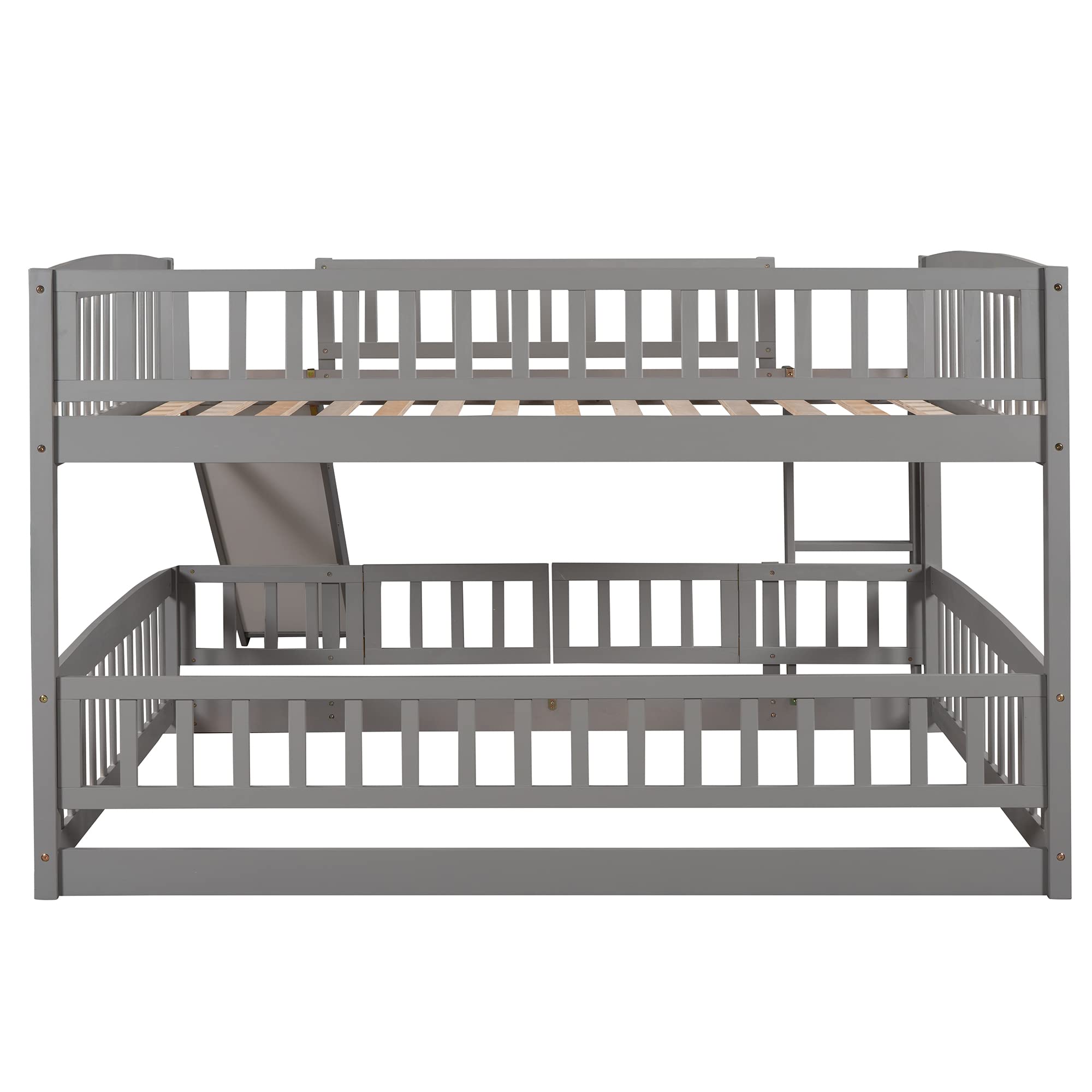 Lepfun Full Over Full Low Bunk Bed with Convertible Slide and Ladder for Kids, Bedroom, Wooden Bedframe w/Fence, Save Space, No Need Spring Box, Gray