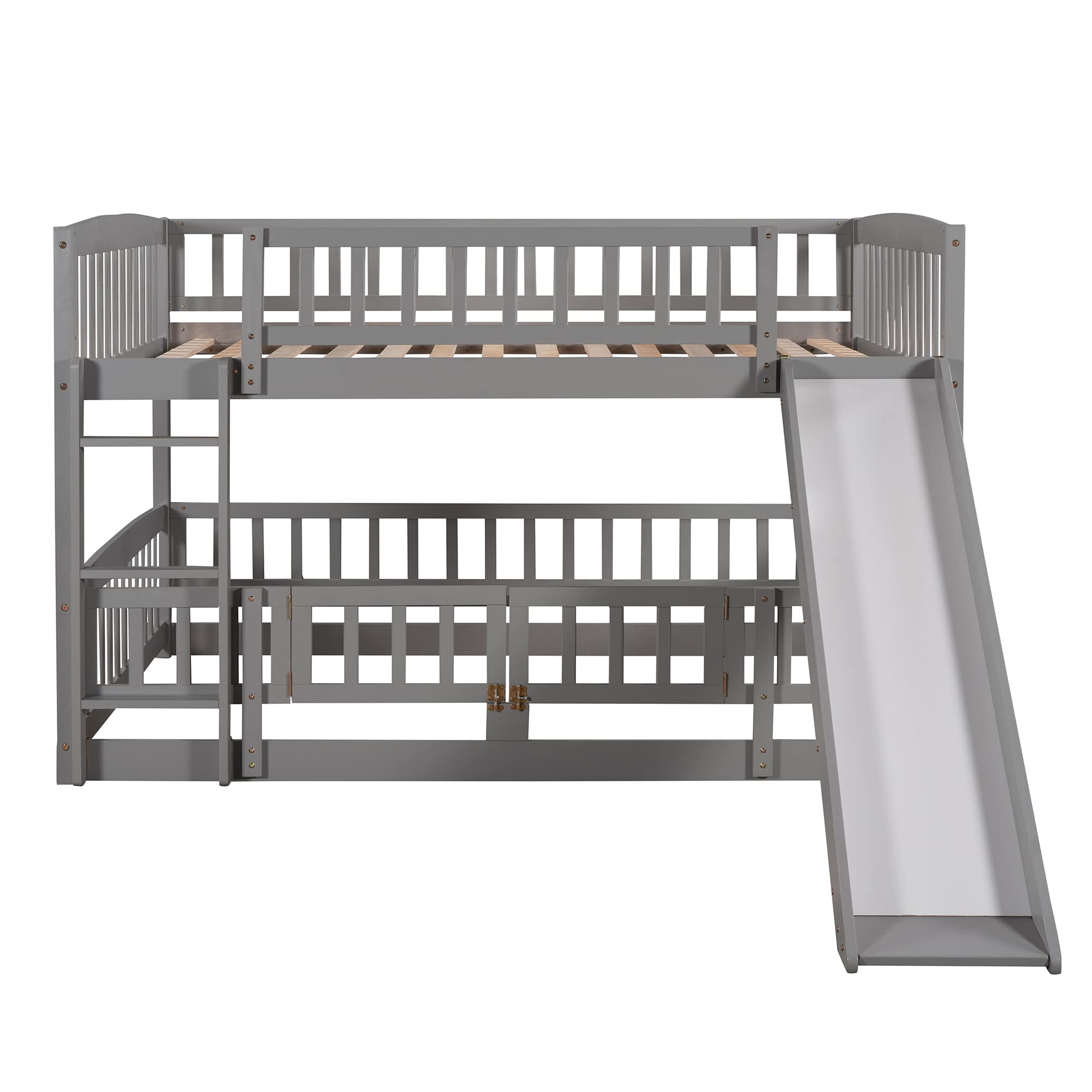 Lepfun Full Over Full Low Bunk Bed with Convertible Slide and Ladder for Kids, Bedroom, Wooden Bedframe w/Fence, Save Space, No Need Spring Box, Gray