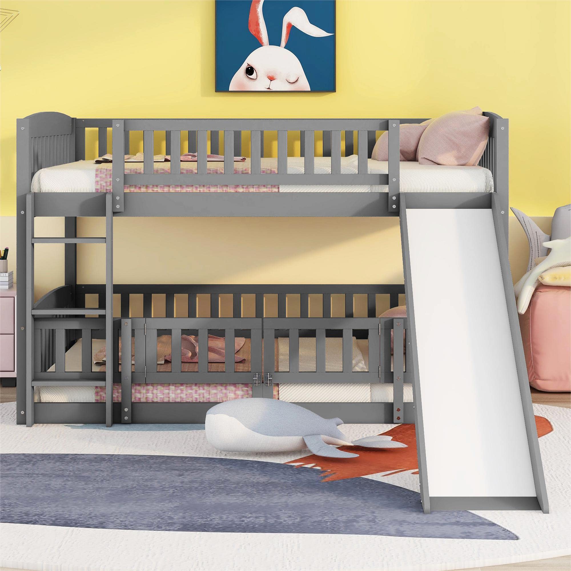 Lepfun Full Over Full Low Bunk Bed with Convertible Slide and Ladder for Kids, Bedroom, Wooden Bedframe w/Fence, Save Space, No Need Spring Box, Gray