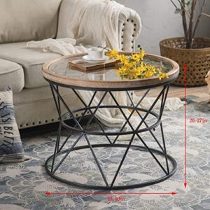 DAKVO Solid Round Wood Coffee Table, Round Coffee Tables Living Room Vintage Carved, Tempered Glass Panel with Wrought Iron Base Bracket, 25.98W X 20.27H in