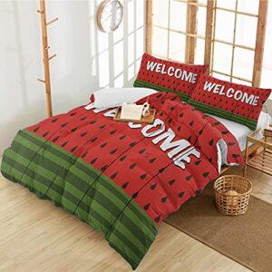 3 Pieces Queen Bedding Duvet Cover Sets,Summer Fruit Watermelon Texture Ultra Soft Bed Set with 2 Pillow Shams for Bedroom Green Stripe and Red on Wood,Luxury Washed Quilt Covers for All Season