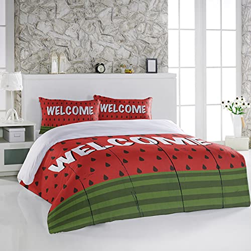 3 Pieces Queen Bedding Duvet Cover Sets,Summer Fruit Watermelon Texture Ultra Soft Bed Set with 2 Pillow Shams for Bedroom Green Stripe and Red on Wood,Luxury Washed Quilt Covers for All Season