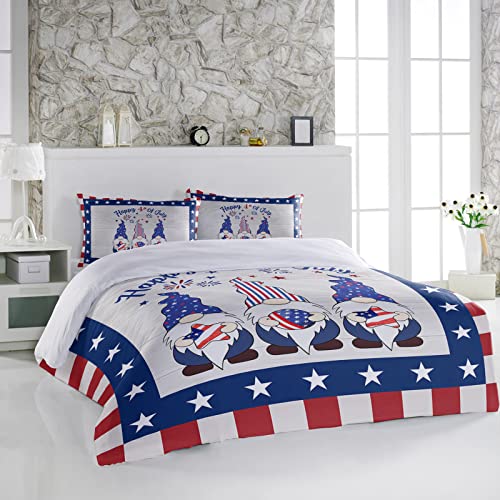 3 Pieces California King Bedding Duvet Cover Sets,Independence Day Patriotic Gnome Ultra Soft Bed Set with 2 Pillow Shams for Bedroom Star and Red White Stripe,Luxury Quilt Covers for All Season