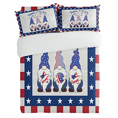 3 Pieces California King Bedding Duvet Cover Sets,Independence Day Patriotic Gnome Ultra Soft Bed Set with 2 Pillow Shams for Bedroom Star and Red White Stripe,Luxury Quilt Covers for All Season