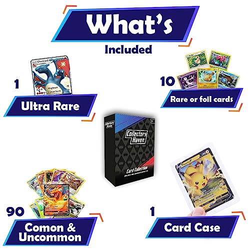 COLLECTORS HAVEN Ultra Rare Cards Bundle | 100+ Cards | 10X Rares or Holo | 1x Ultra Rare Guaranteed | 90 Common/Uncommon |Bonus Legendary, V, VMAX or VSTAR Card Case & Deck Box Made For Pokemon Cards