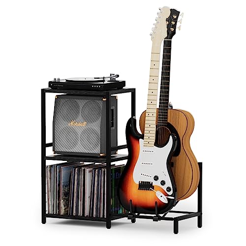 YAKANJ End Table with Guitar Stand,Record Player Stand,Vinyl Records Storage,2-Tier Guitar Stand for Acoustic, Electric Guitar,Bass,Turntable Stand Side Table for Music Room Studio Living Room-Black