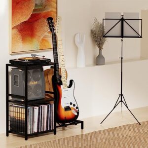 YAKANJ End Table with Guitar Stand,Record Player Stand,Vinyl Records Storage,2-Tier Guitar Stand for Acoustic, Electric Guitar,Bass,Turntable Stand Side Table for Music Room Studio Living Room-Black