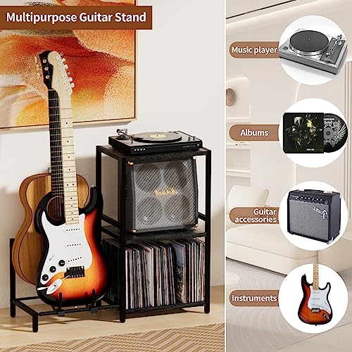 YAKANJ End Table with Guitar Stand,Record Player Stand,Vinyl Records Storage,2-Tier Guitar Stand for Acoustic, Electric Guitar,Bass,Turntable Stand Side Table for Music Room Studio Living Room-Black