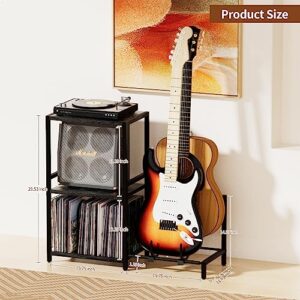 YAKANJ End Table with Guitar Stand,Record Player Stand,Vinyl Records Storage,2-Tier Guitar Stand for Acoustic, Electric Guitar,Bass,Turntable Stand Side Table for Music Room Studio Living Room-Black