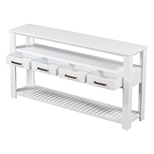 62.2" Solid Wood Console Table,Modern Entryway Sofa Side Table with 4 Drawers and 2 Shelves, Easy to Assemble (White/62.2" M)