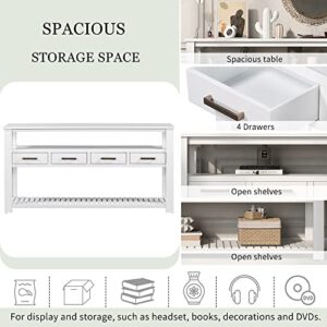 62.2" Solid Wood Console Table,Modern Entryway Sofa Side Table with 4 Drawers and 2 Shelves, Easy to Assemble (White/62.2" M)