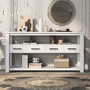 62.2" Solid Wood Console Table,Modern Entryway Sofa Side Table with 4 Drawers and 2 Shelves, Easy to Assemble (White/62.2" M)