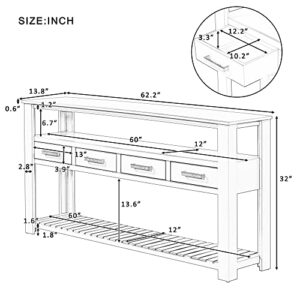 62.2" Solid Wood Console Table,Modern Entryway Sofa Side Table with 4 Drawers and 2 Shelves, Easy to Assemble (White/62.2" M)