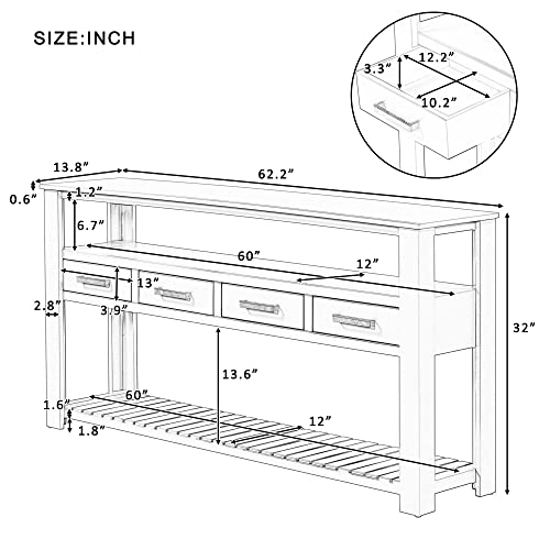 62.2" Solid Wood Console Table,Modern Entryway Sofa Side Table with 4 Drawers and 2 Shelves, Easy to Assemble (White/62.2" M)