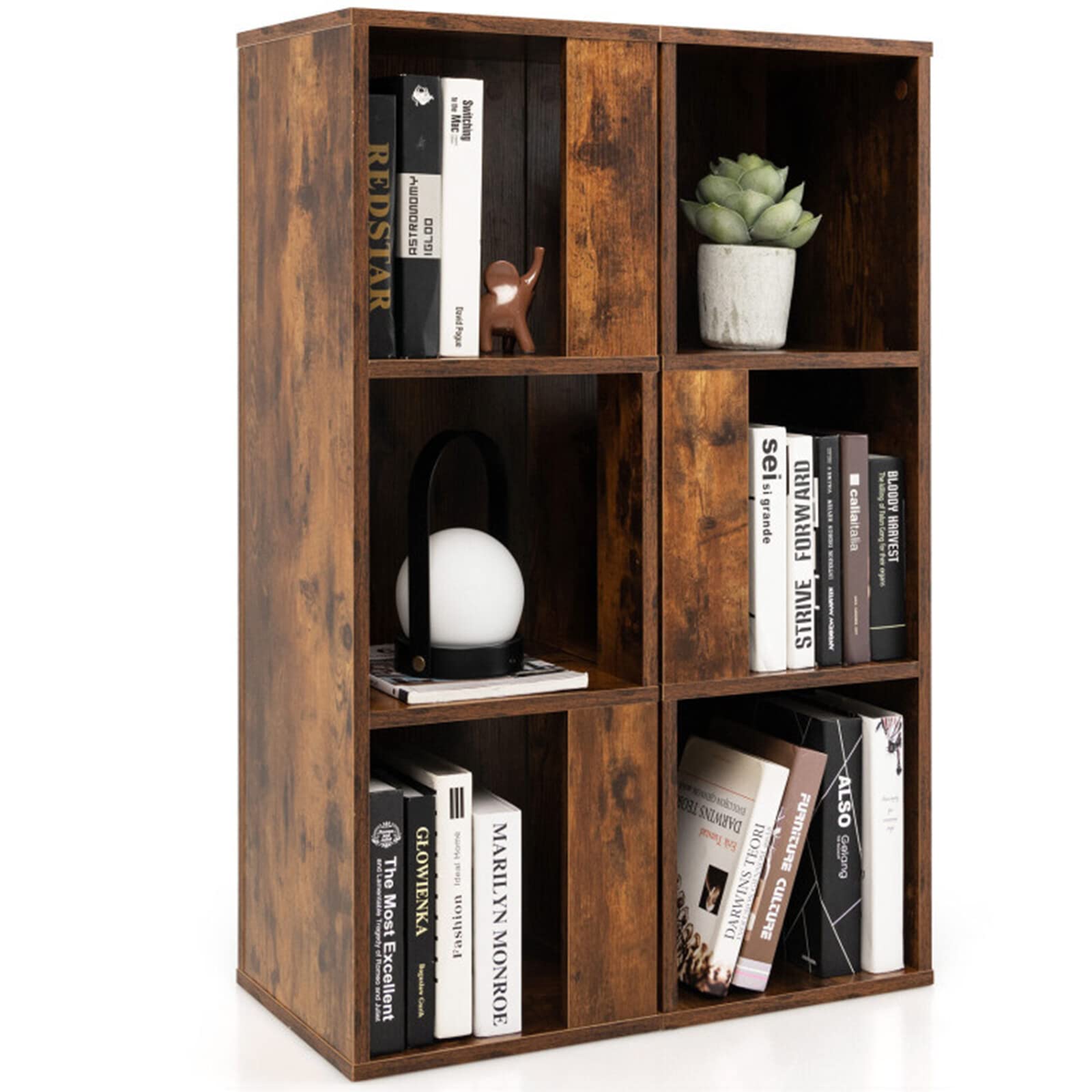 Wooden 6 Cube Book Shelf, Natural 3 Tier Bookshelf with Legs, Modern Open Storage Organizer,Boho Bookcase,Display Cabinet Shelf Free Standing Bookshelves for Bedroom,Living Room,Office (Rustic Brown)