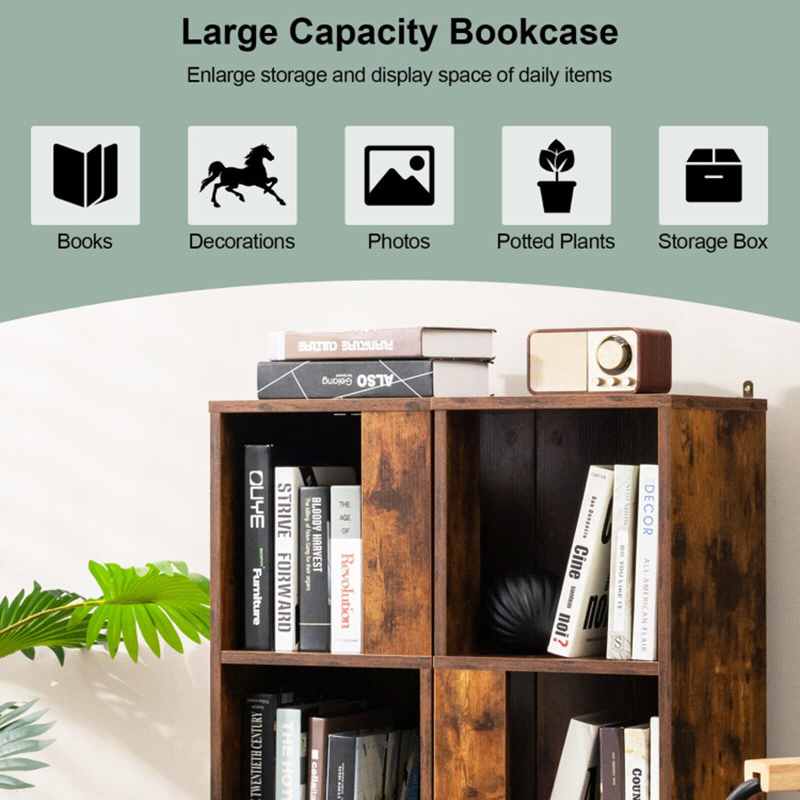 Wooden 6 Cube Book Shelf, Natural 3 Tier Bookshelf with Legs, Modern Open Storage Organizer,Boho Bookcase,Display Cabinet Shelf Free Standing Bookshelves for Bedroom,Living Room,Office (Rustic Brown)