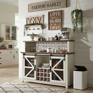 OKD Coffee Bar Cabinet with Storage, 55" Farmhouse Kitchen Buffet Sideboard w/Sliding Barn Door & Adjustable Shelves, Home Liquor Cabinet w/LED Lights & Wine Racks for Dining Room, Antique White