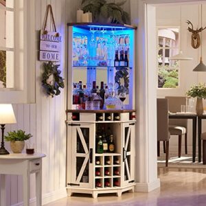 okd corner bar storage cabinet, 72" tall farmhouse wine bar cabinet w/barn door & adjustable shelves, home bar cabinet w/led lights & glass rack for dining room, living room, kitchen, antique white