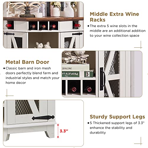 OKD Corner Bar Storage Cabinet, 72" Tall Farmhouse Wine Bar Cabinet w/Barn Door & Adjustable Shelves, Home Bar Cabinet w/LED Lights & Glass Rack for Dining Room, Living Room, Kitchen, Antique White