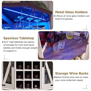 OKD Corner Bar Storage Cabinet, 72" Tall Farmhouse Wine Bar Cabinet w/Barn Door & Adjustable Shelves, Home Bar Cabinet w/LED Lights & Glass Rack for Dining Room, Living Room, Kitchen, Antique White