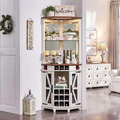 OKD Corner Bar Storage Cabinet, 72" Tall Farmhouse Wine Bar Cabinet w/Barn Door & Adjustable Shelves, Home Bar Cabinet w/LED Lights & Glass Rack for Dining Room, Living Room, Kitchen, Antique White