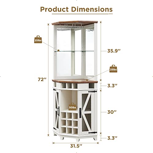 OKD Corner Bar Storage Cabinet, 72" Tall Farmhouse Wine Bar Cabinet w/Barn Door & Adjustable Shelves, Home Bar Cabinet w/LED Lights & Glass Rack for Dining Room, Living Room, Kitchen, Antique White