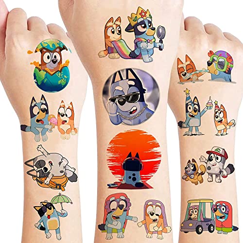 8 Sheets blueys Party Supplies Temporary Tattoos, (136pcs) Birthday Party Supplies Favors Super Cute Fake Tattoos Stickers Party Decorations Boys Girls School Rewards Gifts