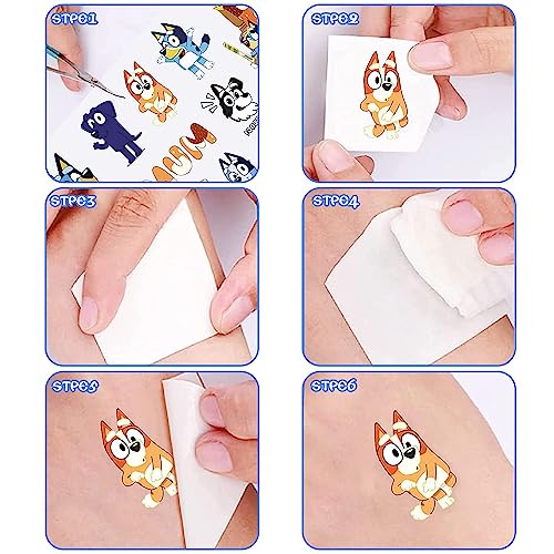 8 Sheets blueys Party Supplies Temporary Tattoos, (136pcs) Birthday Party Supplies Favors Super Cute Fake Tattoos Stickers Party Decorations Boys Girls School Rewards Gifts