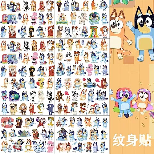 8 Sheets blueys Party Supplies Temporary Tattoos, (136pcs) Birthday Party Supplies Favors Super Cute Fake Tattoos Stickers Party Decorations Boys Girls School Rewards Gifts