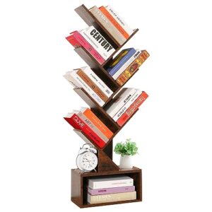 hxxuyy 6 tier tree bookshelf free standing bookcase rust brown storage book self for books,albums,cds,magazines, wooden morden book storage rack display for office/livingroom/bedroom