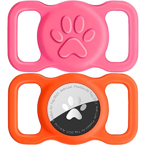 Joytale 2 Pack Airtag Dog Collar Holder, Elastic Silicone Air Tag Holder for Dogs and Cats, Light and Durable Apple Airtag Holder with Slide-On Loop(Hot Pink/Orange)