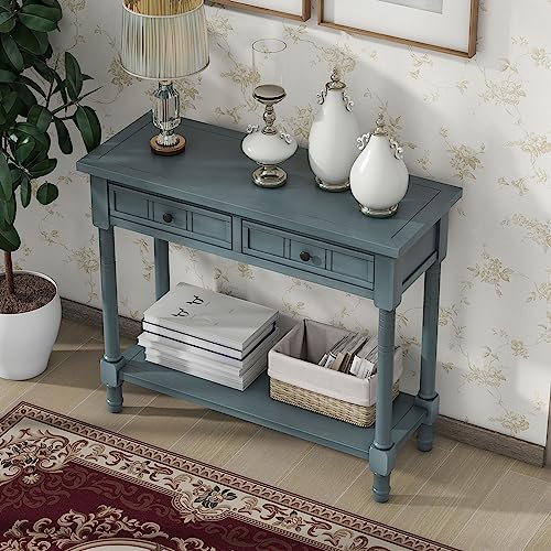 Merax Narrow Entryway Table with 2 Storage Drawers and Bottom Shelf Wood Farmhouse Console Table Rustic Antique Sofa Table for Living Room Bedroom Hallway Front Hall (Navy)