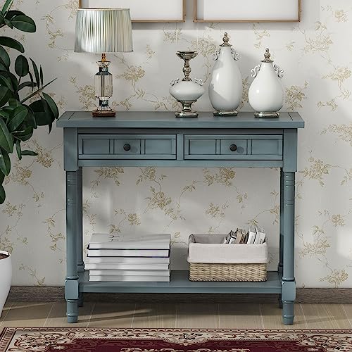 Merax Narrow Entryway Table with 2 Storage Drawers and Bottom Shelf Wood Farmhouse Console Table Rustic Antique Sofa Table for Living Room Bedroom Hallway Front Hall (Navy)