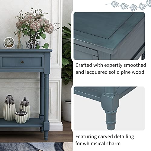 Merax Narrow Entryway Table with 2 Storage Drawers and Bottom Shelf Wood Farmhouse Console Table Rustic Antique Sofa Table for Living Room Bedroom Hallway Front Hall (Navy)