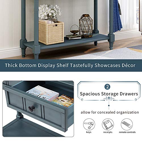 Merax Narrow Entryway Table with 2 Storage Drawers and Bottom Shelf Wood Farmhouse Console Table Rustic Antique Sofa Table for Living Room Bedroom Hallway Front Hall (Navy)