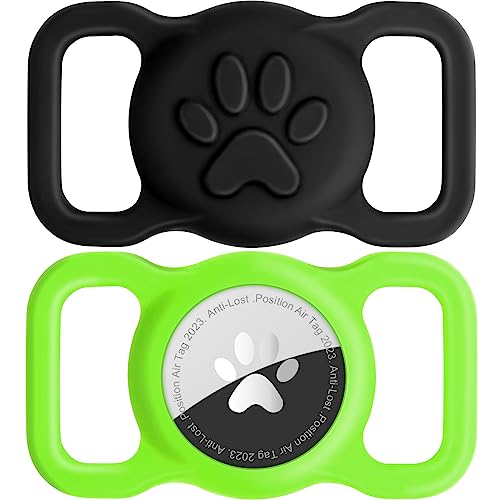 Joytale 2 Pack Airtag Dog Collar Holder, Elastic Silicone Air Tag Holder for Dogs and Cats, Light and Durable Apple Airtag Holder with Slide-On Loop(Black/Green)